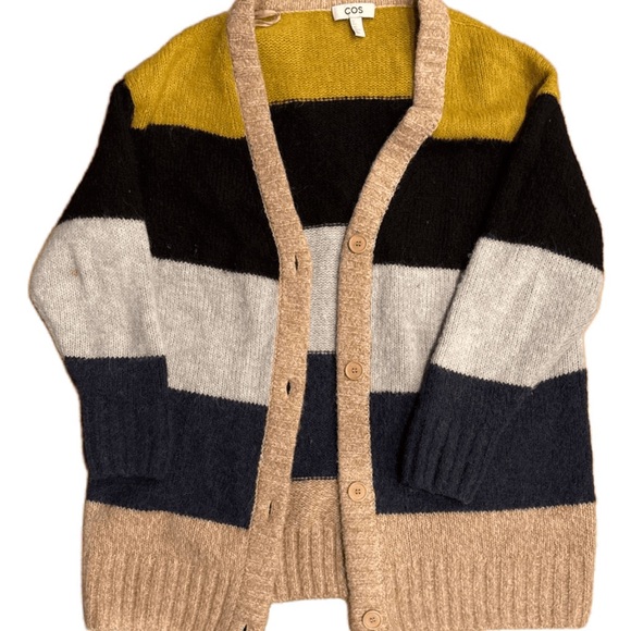 COS | Sweaters | Cos Colorblock Cardigan In Black Gray Tan And Gold ...